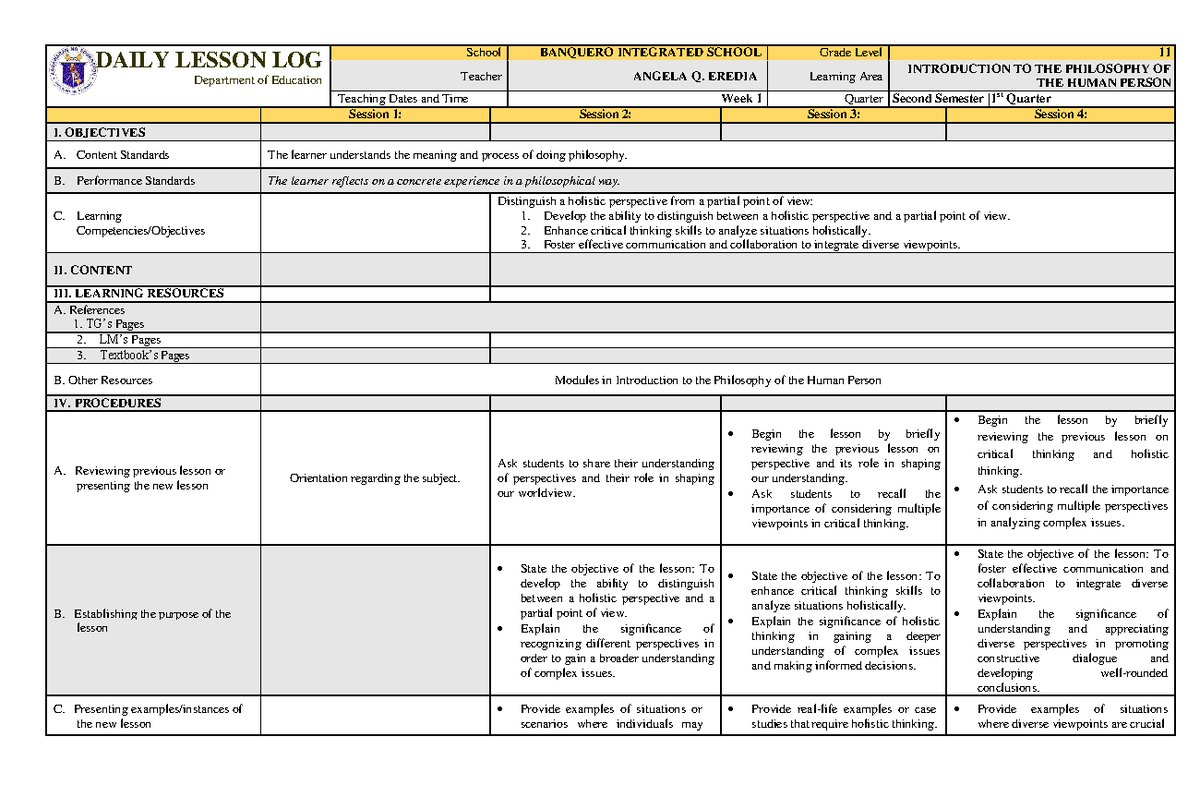 DAILY LESSON LOG: Intro to Philosophy (Grade 11, Week 1) - Studocu