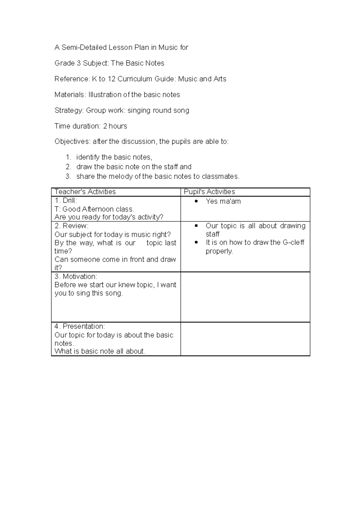 Grade 3 Music Lesson Plan: Understanding Basic Notes and Tunes - Studocu
