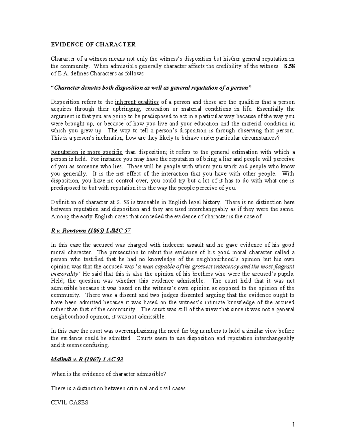 Character and Opinion Evidence Notes (LAW 101) - Studocu