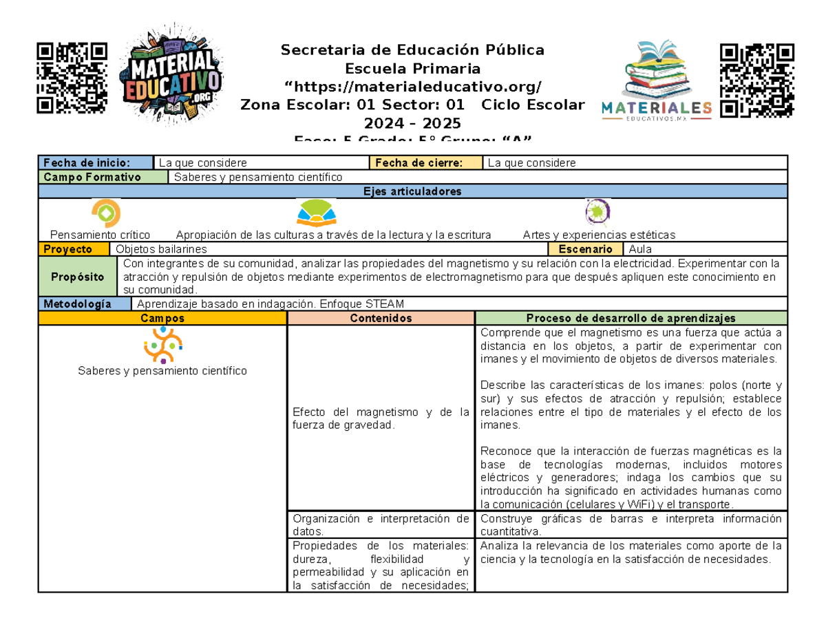 Proyecto 5to Grado 2024-2025: Objetos Bailarines y Magnetismo - Studocu