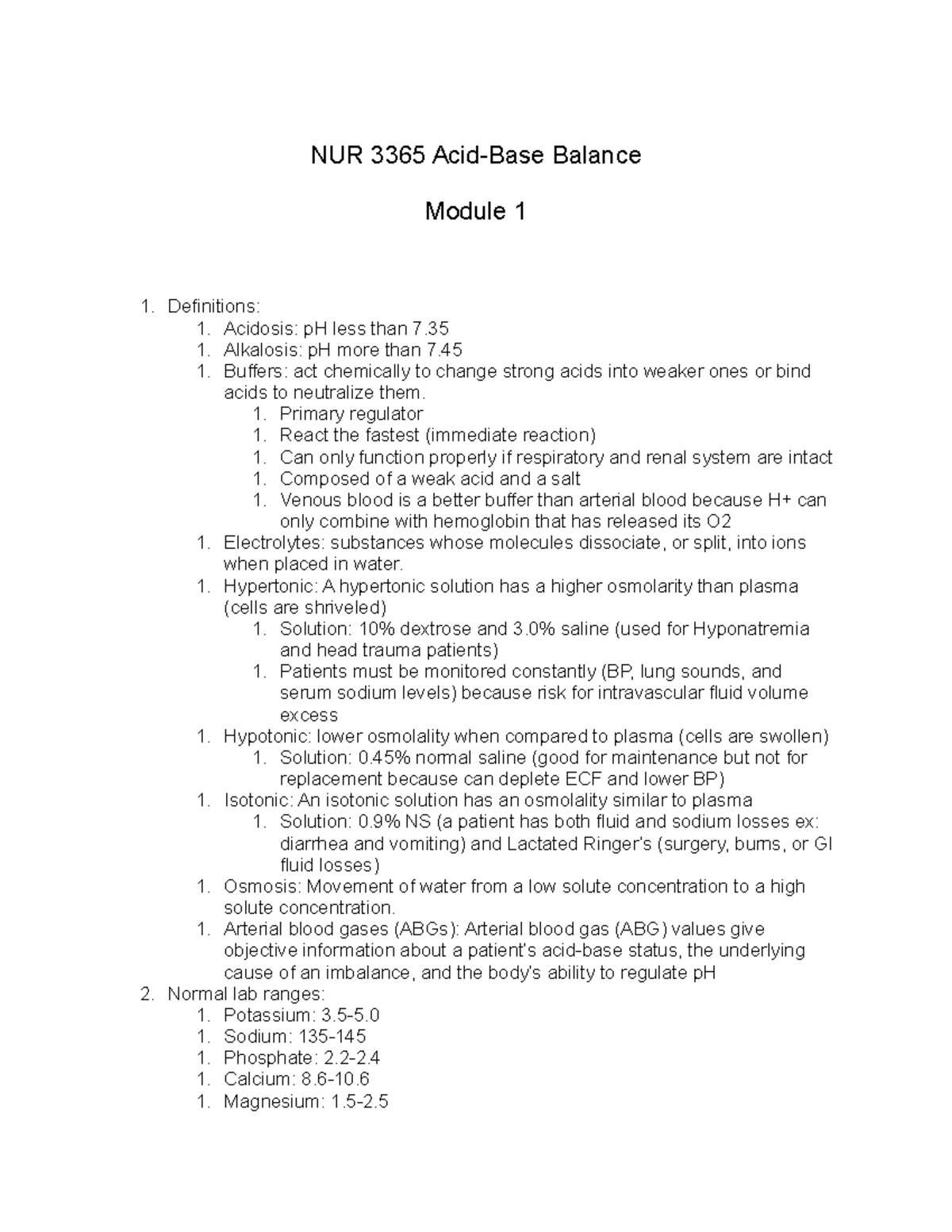 NUR 3365 Electrolytes & Acid-Base Balance Study Guide - Studocu