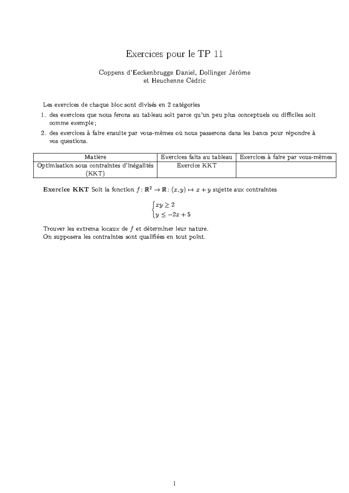 Exercices TP11 en Optimisation sous Contraintes (KKT) - 2025 - Studocu
