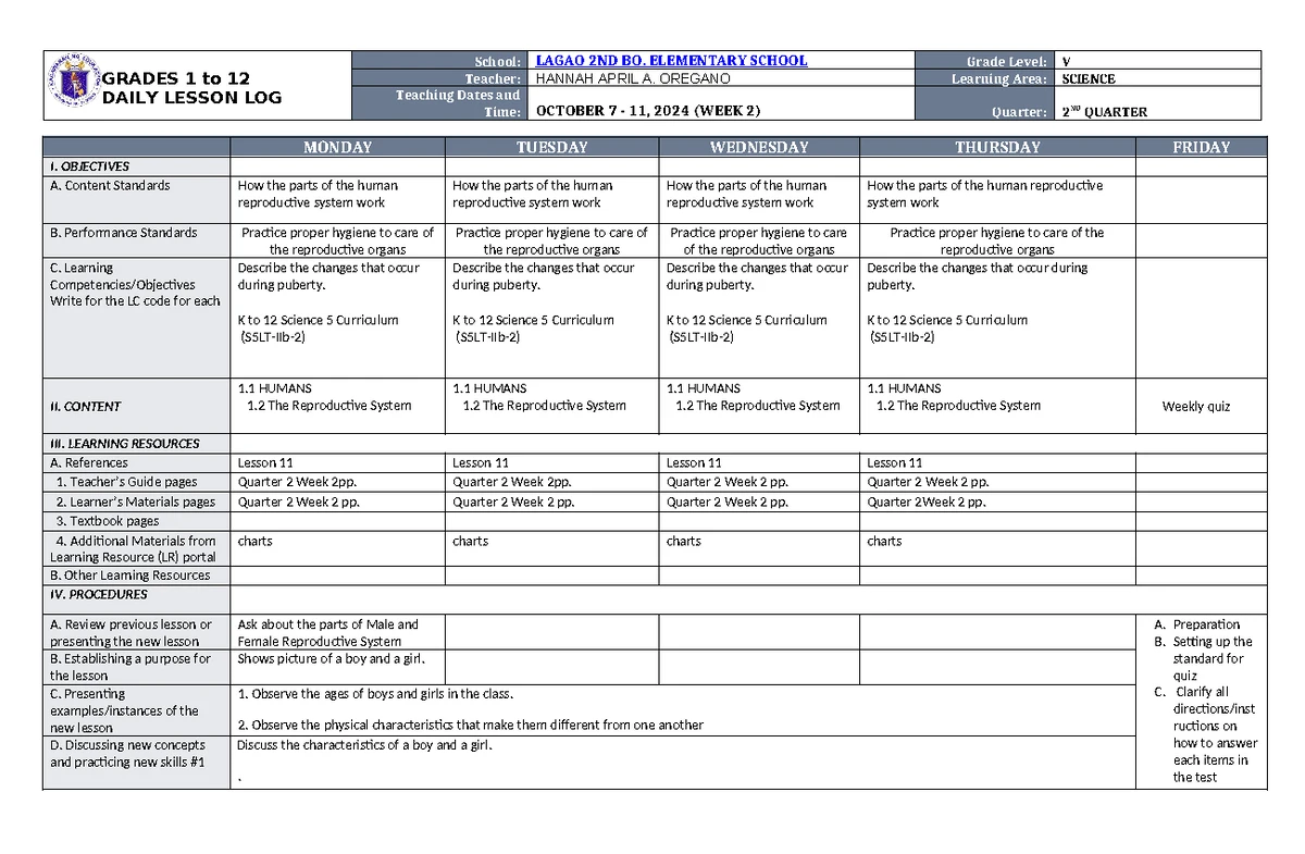 Science 5 Q1 Lesson Plan: Properties of Materials (W1/D1) - Studocu