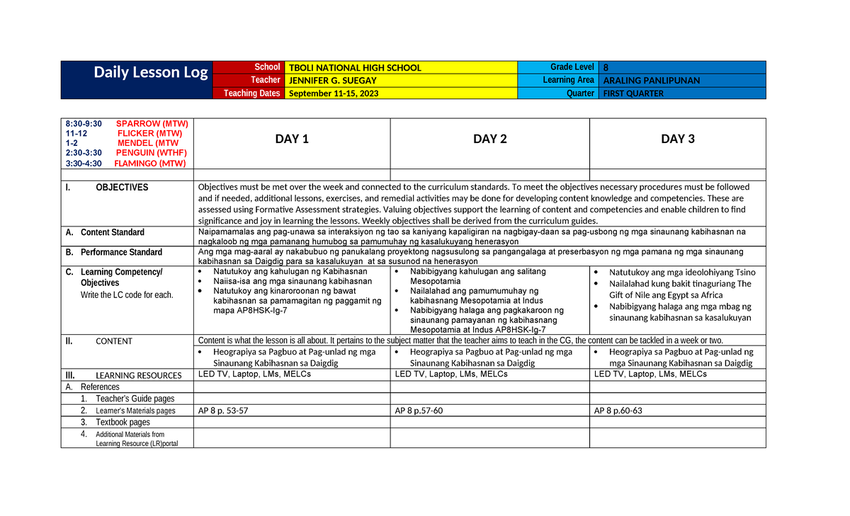 DLP - Daily Lesson Plan for Araling Panlipunan (Grade 8) - Studocu