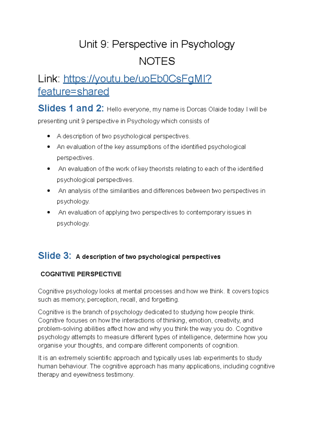 Unit 9: Exploring Cognitive and Psychodynamic Perspectives in ...