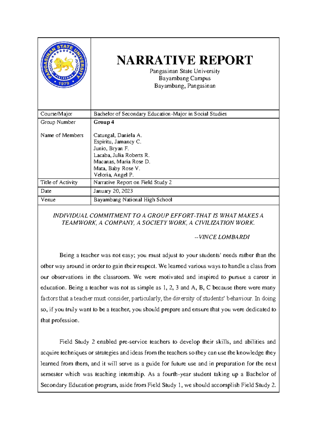 FS 2 Narrative Report- Group 4 - NARRATIVE REPORT Pangasinan State ...