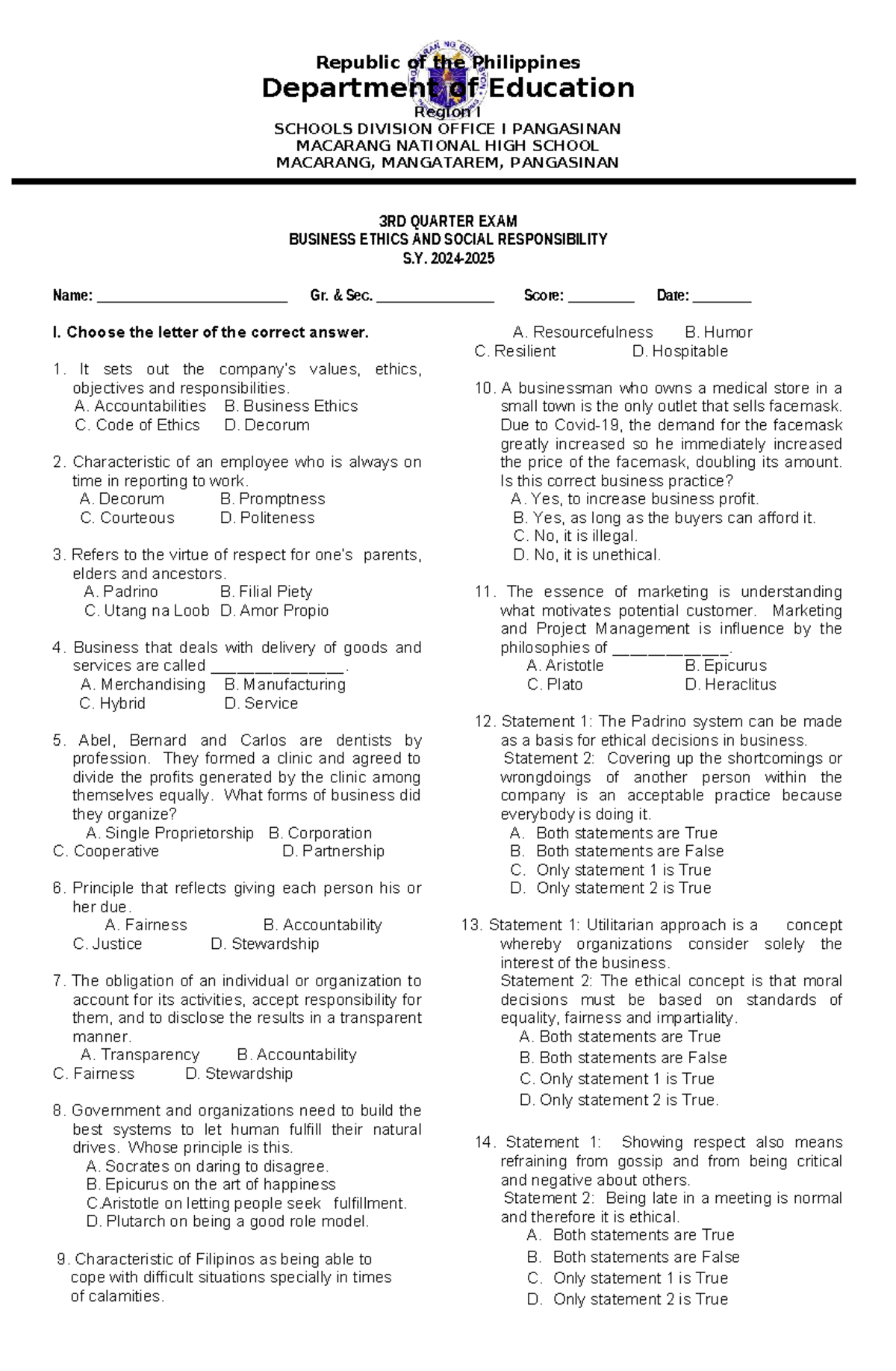 Business Ethics and Social Responsibility - 3rd Quarter Exam 2024-25 ...