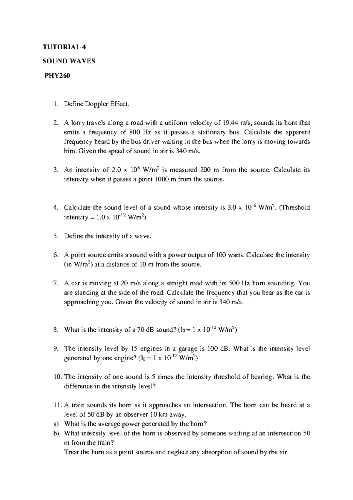 Tutorial 4: Sound Waves in PHY260 - Key Concepts & Calculations - Studocu