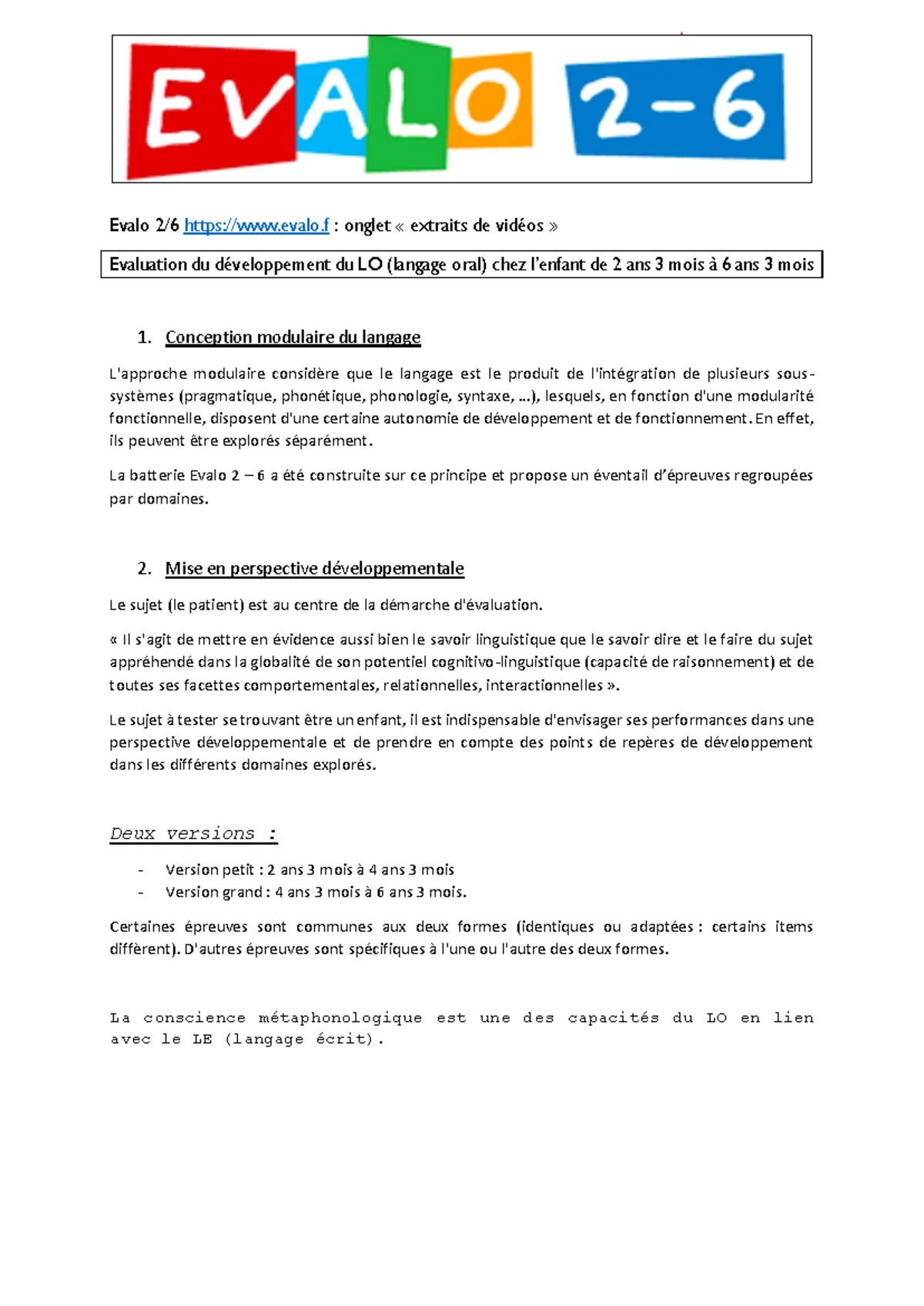Evalo 2-6 épreuves - Evalo 2 – 6 : version courte Entretien d’accueil ...