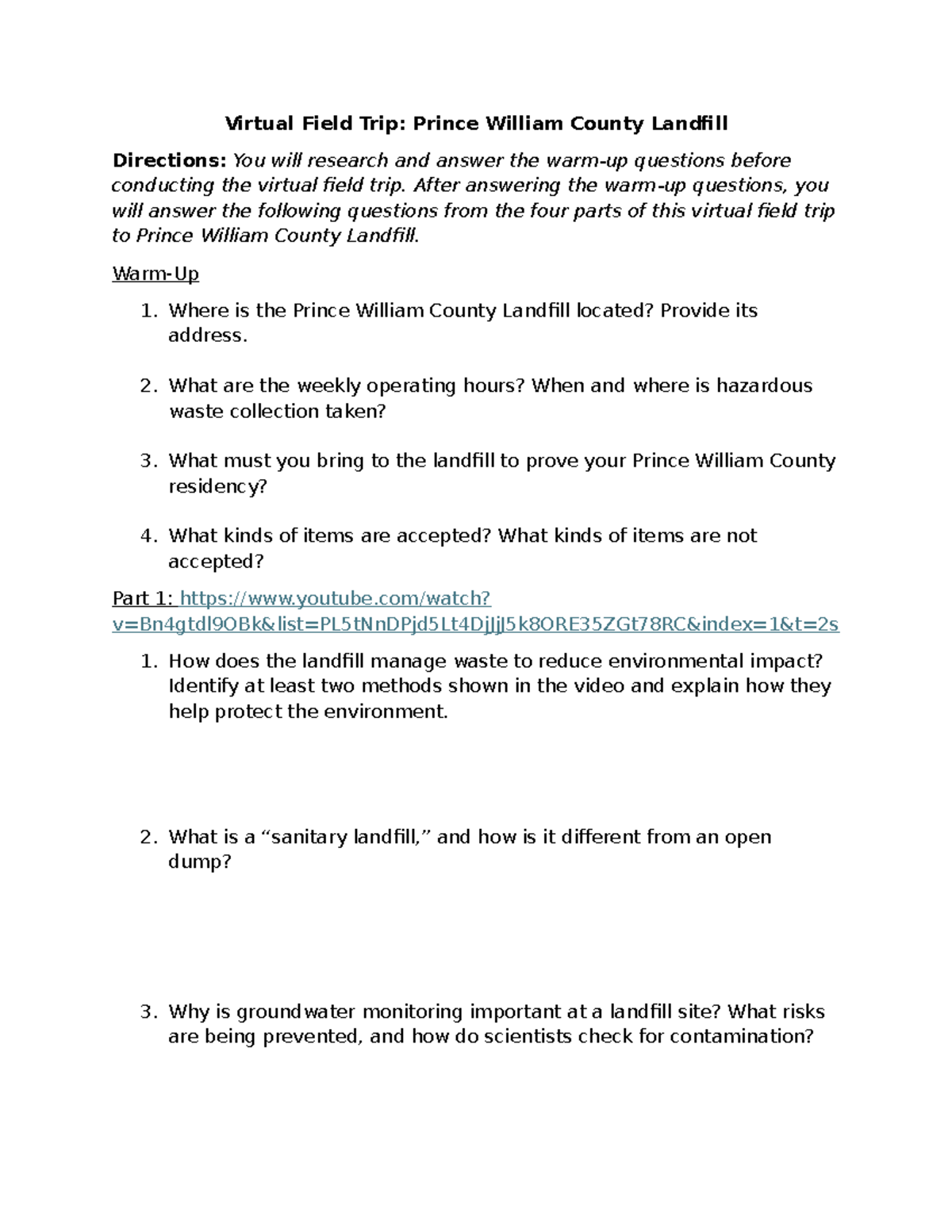 Virtual Field Trip: PWC Landfill Exploration Guide - Studocu
