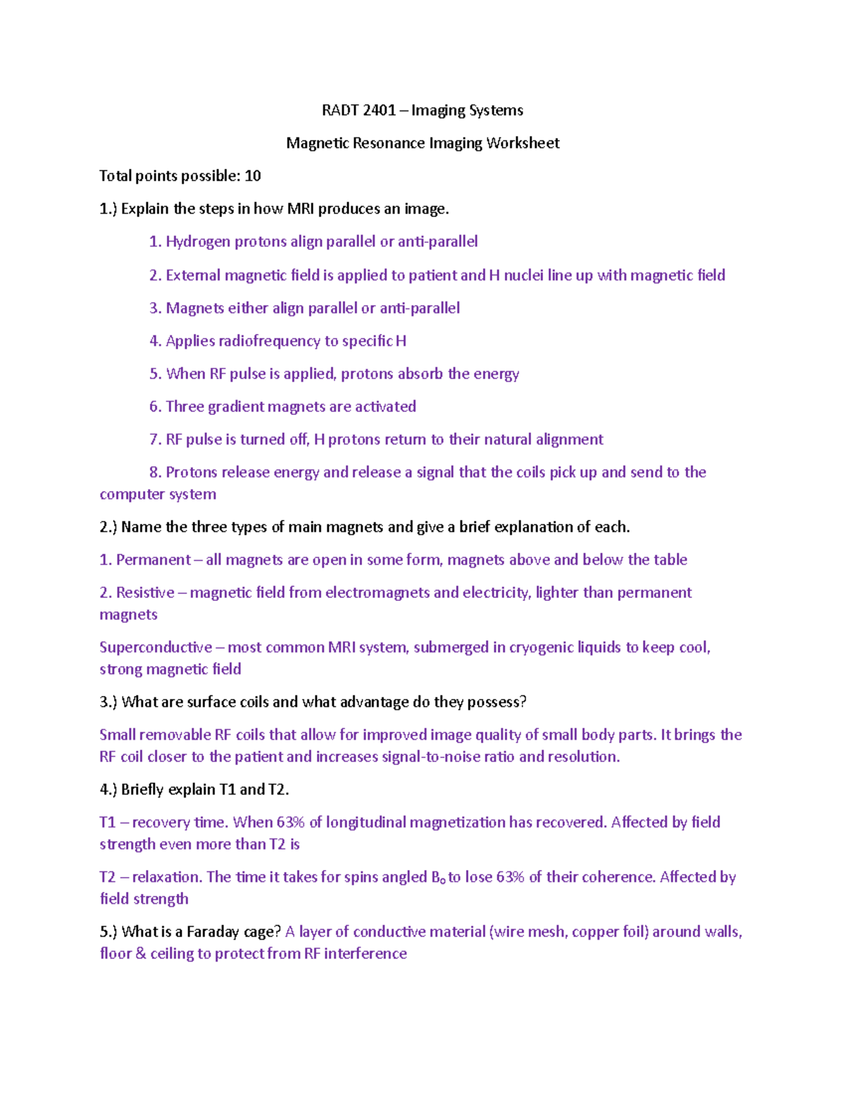 MRI Worksheet - Chapter summary-questions and answers - RADT 2401 ...