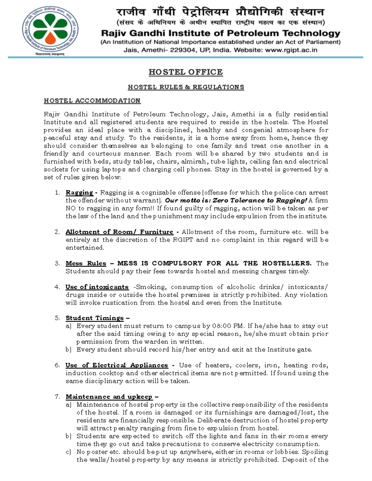 RGIPT Hostel Rules & Regulations for Inmates - 2025 - Studocu