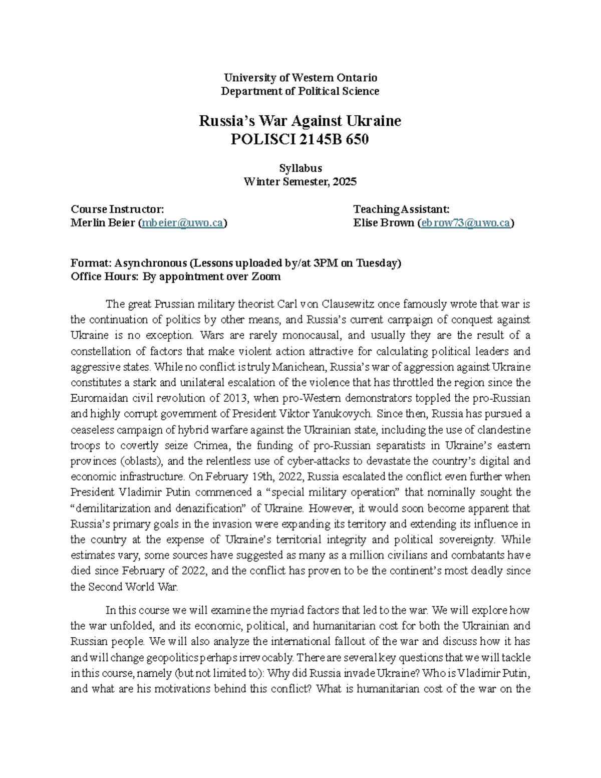 POLISCI 2145B 650: War Against Ukraine Syllabus - Winter 2025 - Studocu