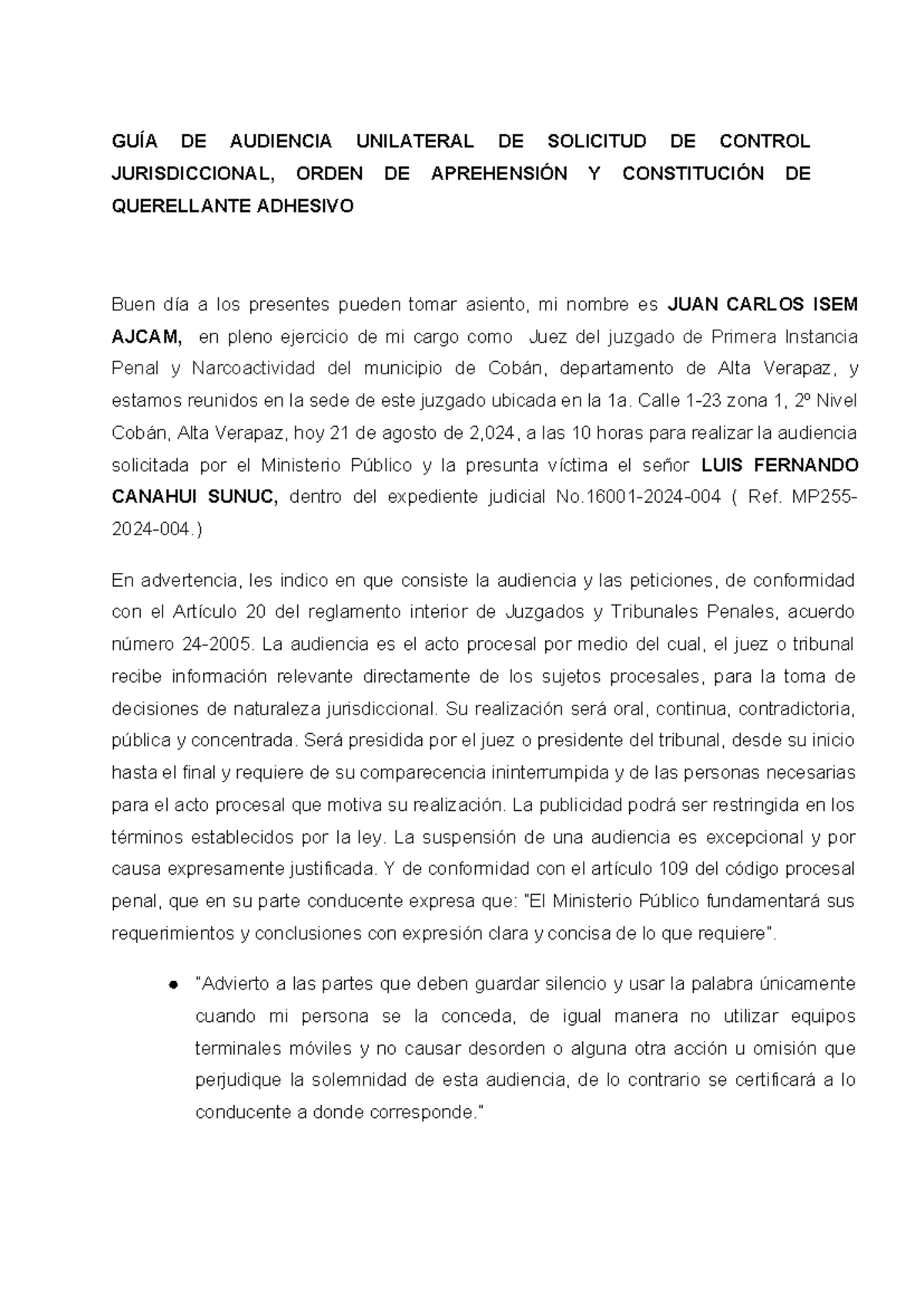Guía de Audiencia Unilateral Control Jurisdiccional - Proceso Penal ...
