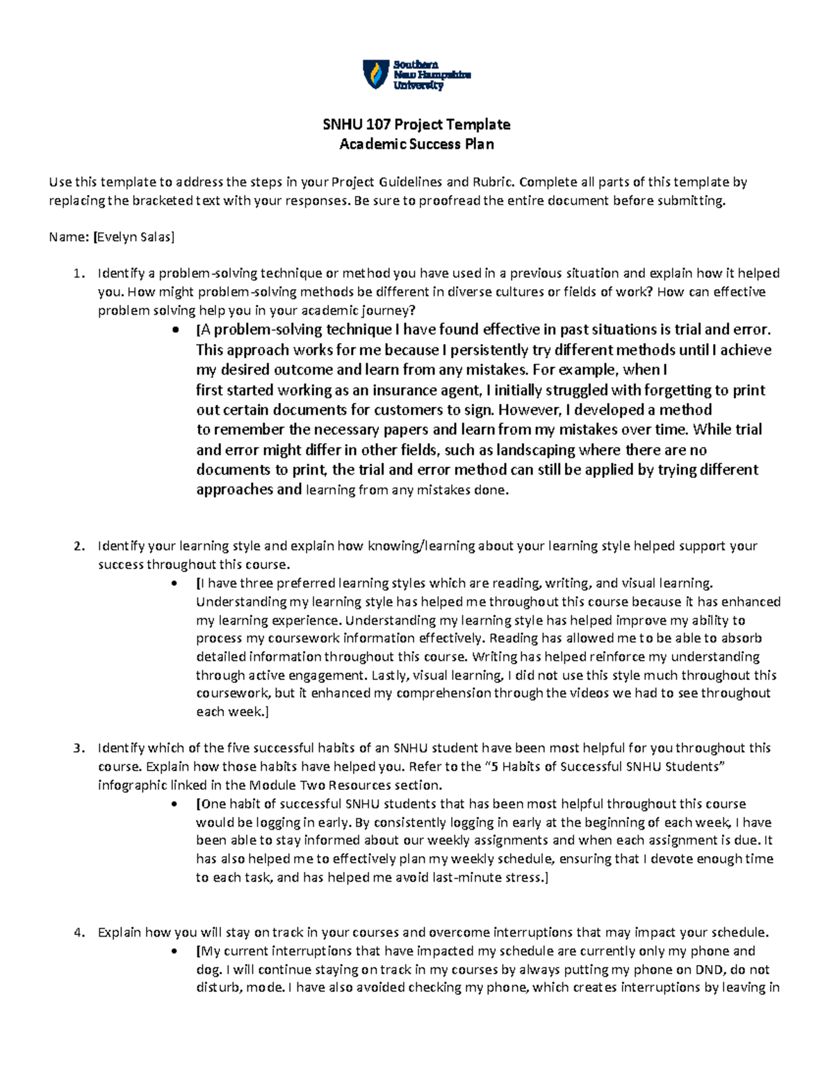 SNHU 107 Project - SNHU 107 Project Template Academic Success Plan Use ...