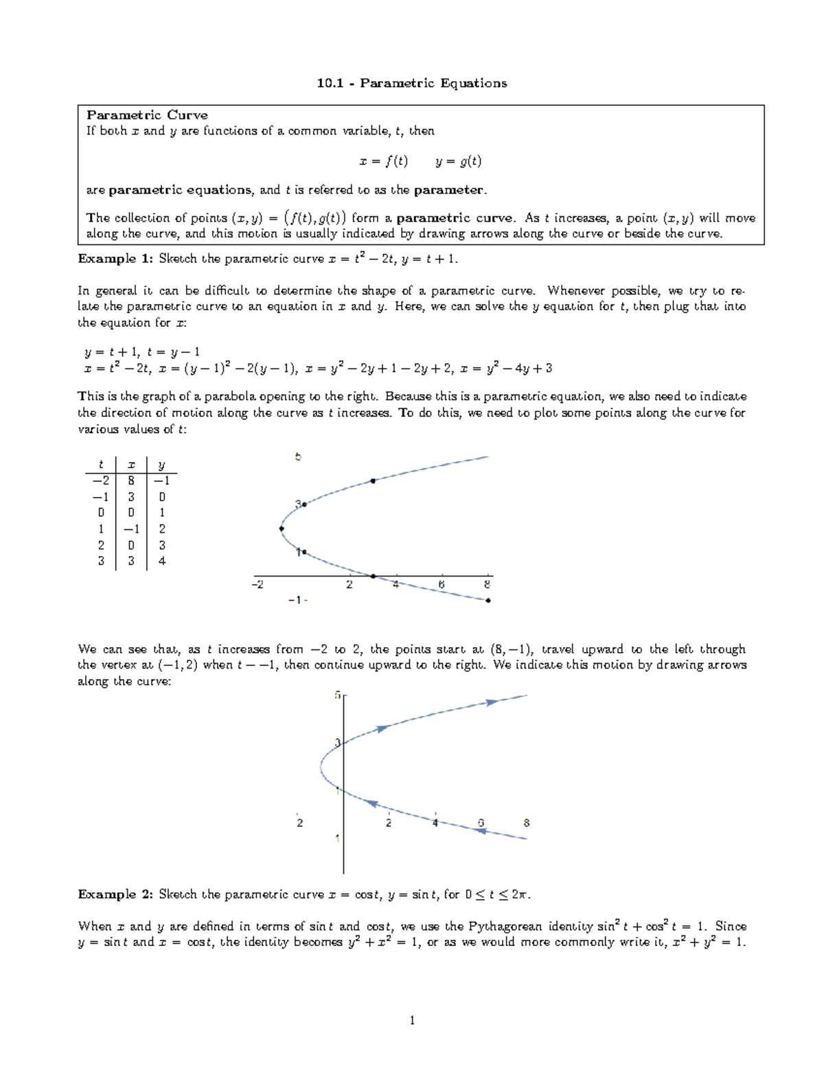 Parametric Equations and Curves: Detailed Examples (MATH 10.1) - Studocu