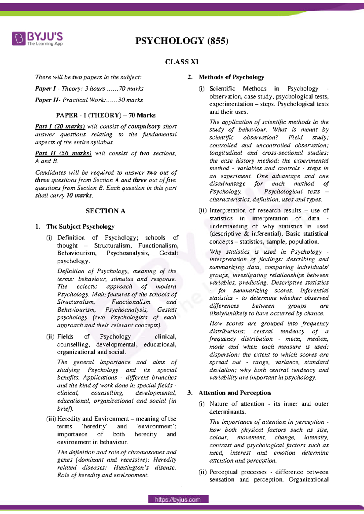 ISC Class 11 Psychology Reduced Syllabus 2020 21 - 1 PSYCHOLOGY (855 ...