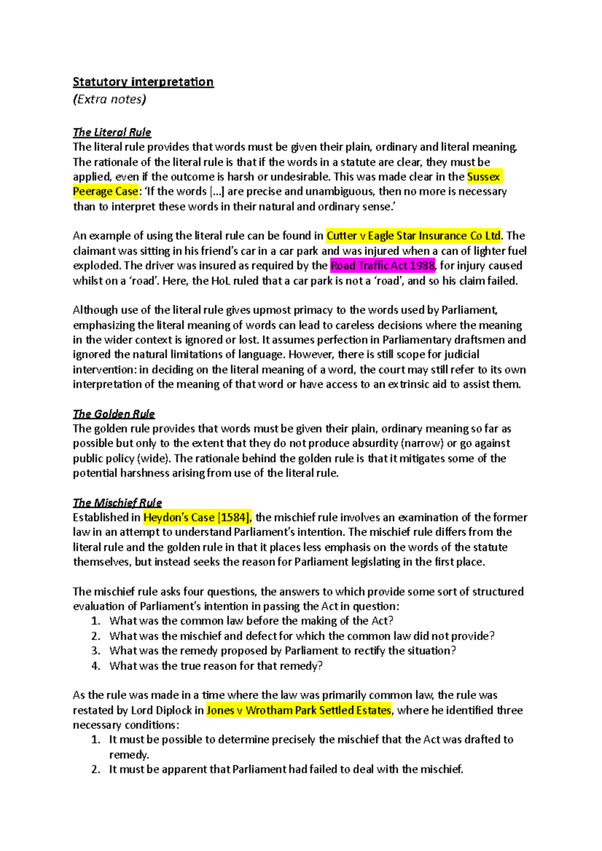 Statutory Interpretation: Literal Golden Mischief and Purposive Rules ...