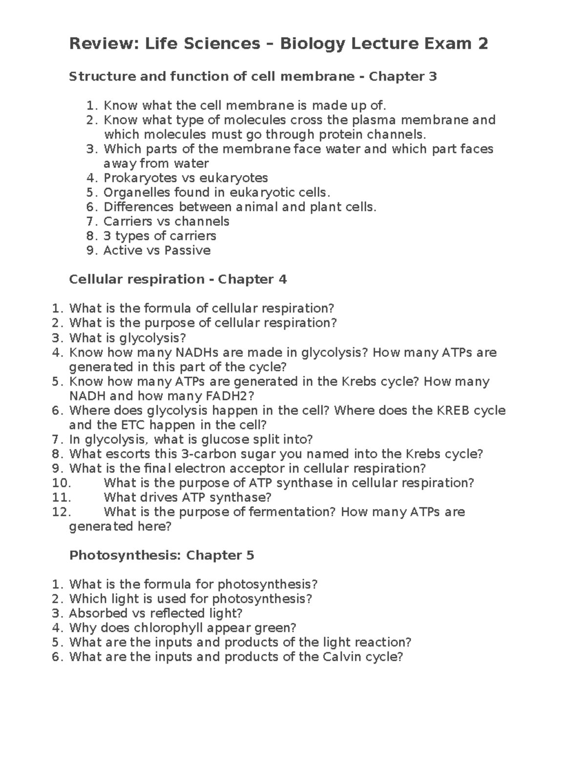 Life Sciences Biology Lecture Exam 2 Review: Cell Membrane ...