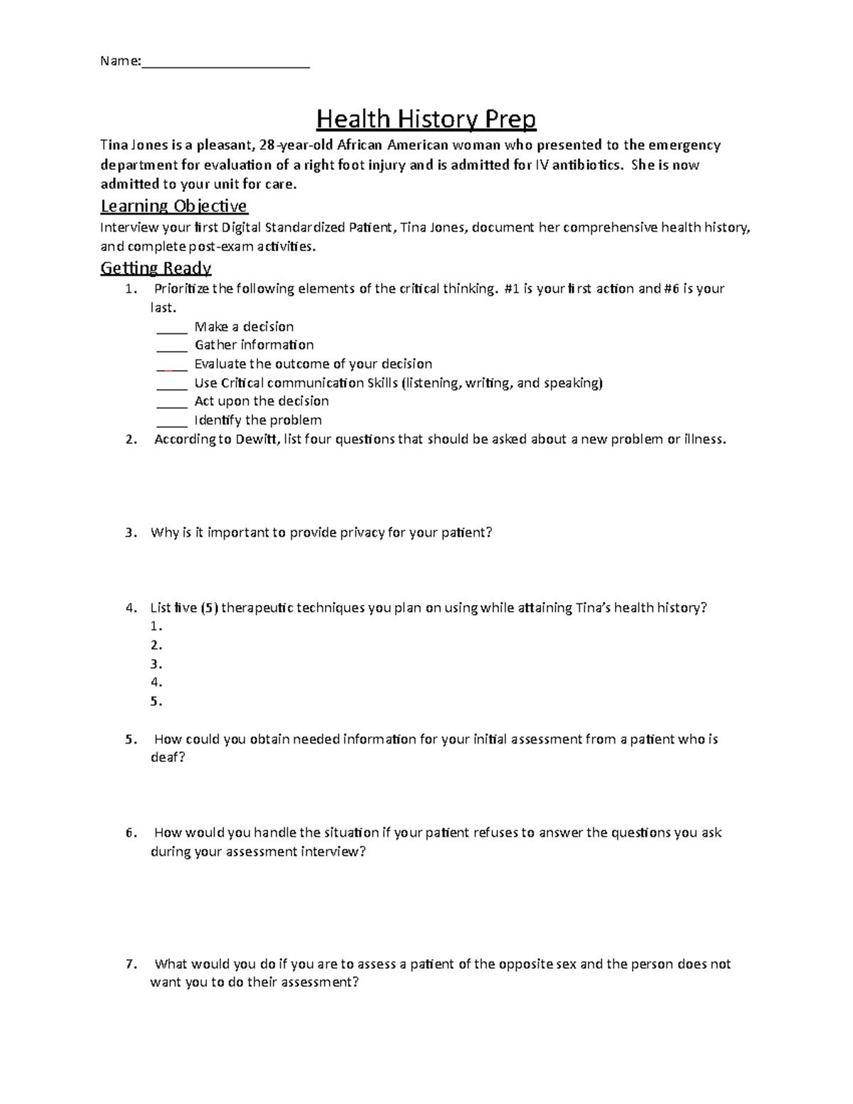 DCE Health History Prep Quiz for Patient Assessment Exam - Studocu
