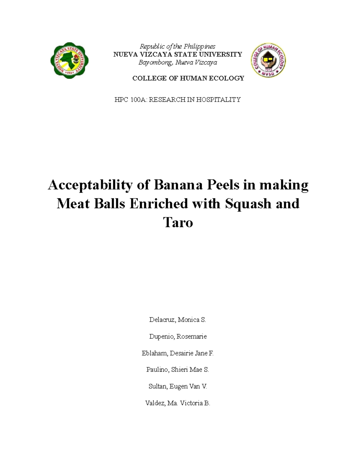 Acceptability of Banana Peel Meatballs with Squash & Taro - HPC 100A ...