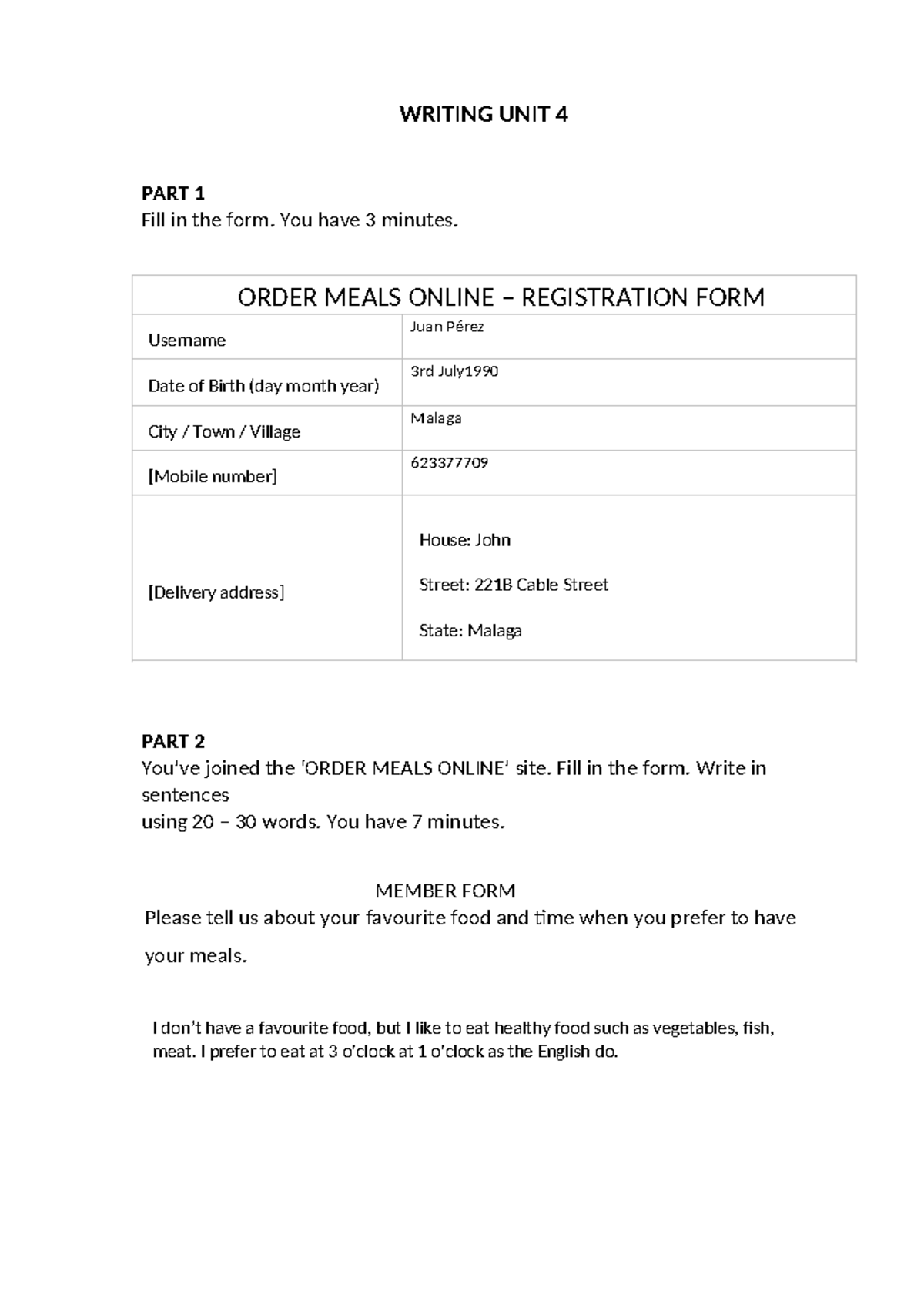Writing Unit 4: Online Meal Registration & Customer Feedback Form - Studocu