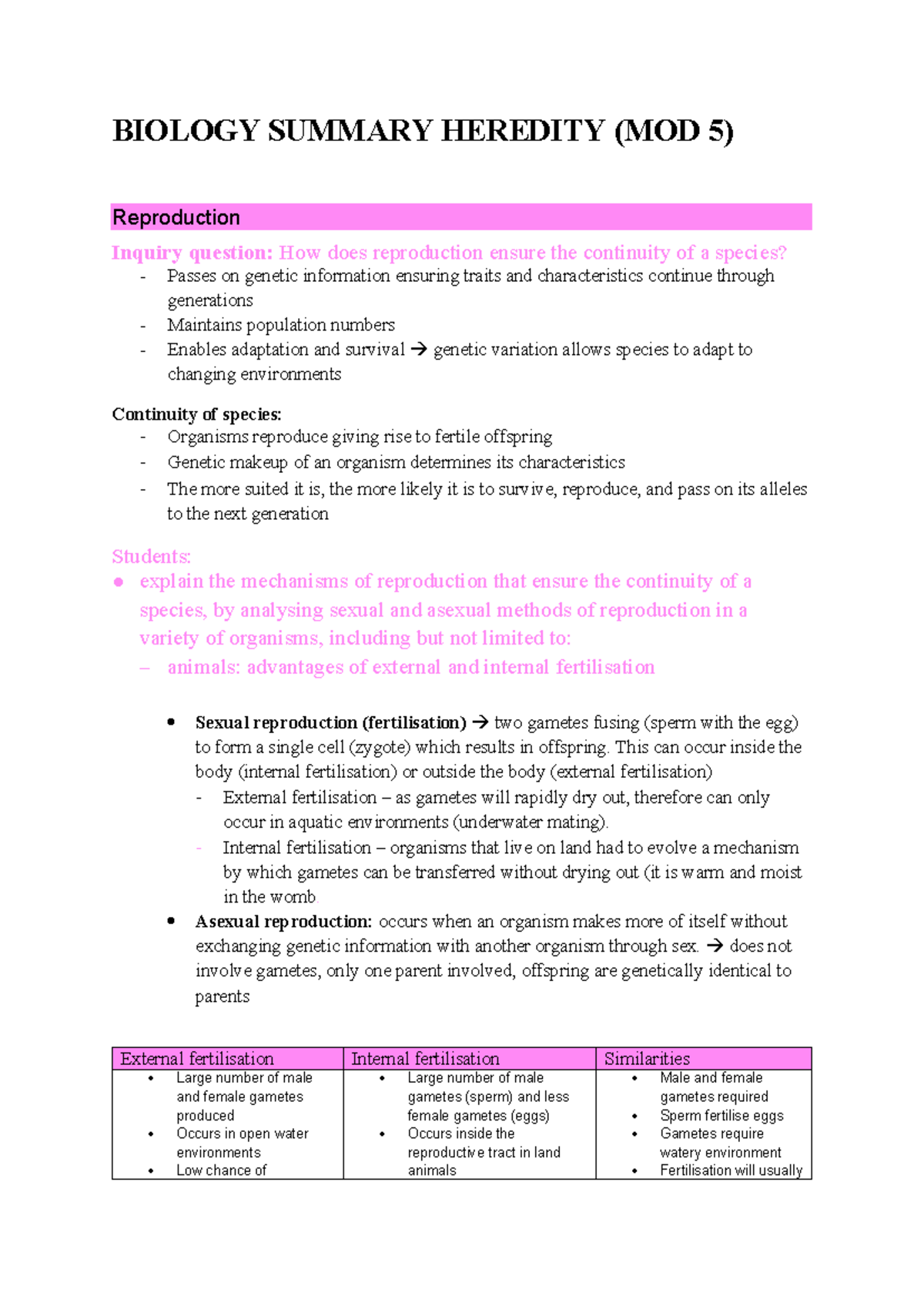 Biology Summary: Heredity and Reproduction (MOD 5) - Studocu
