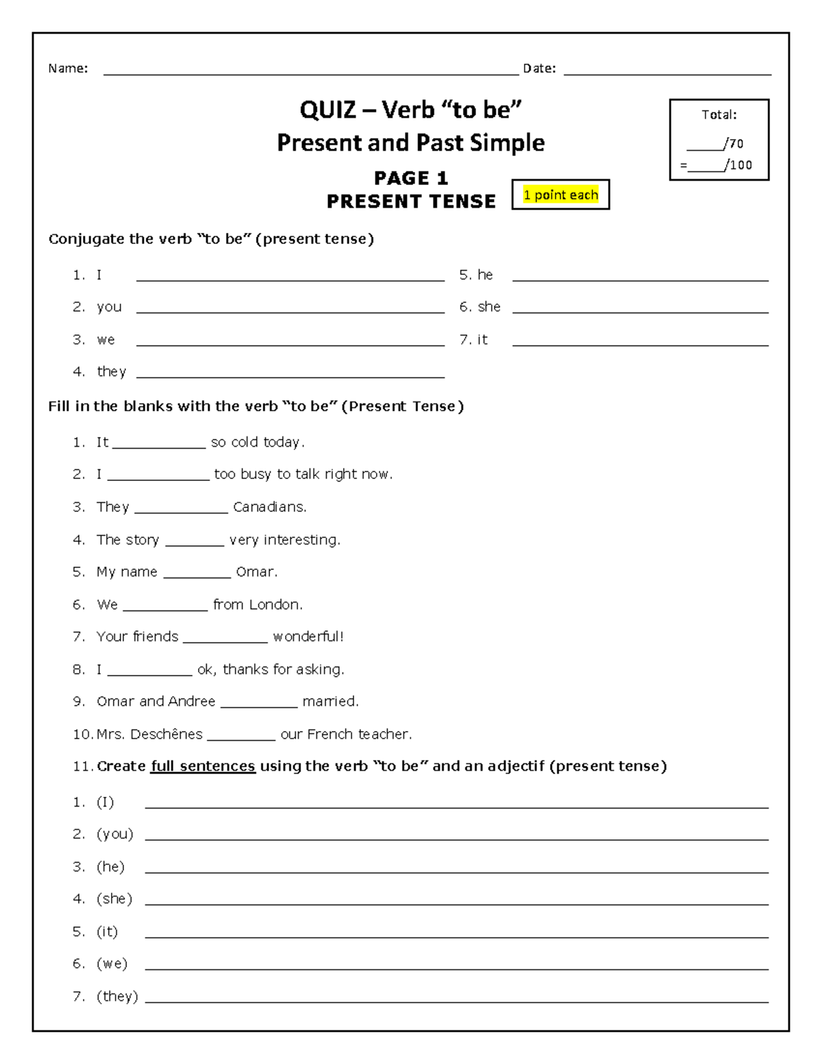 ENG 101: Quiz on Verb To Be - Present & Past Simple Tenses - Studocu