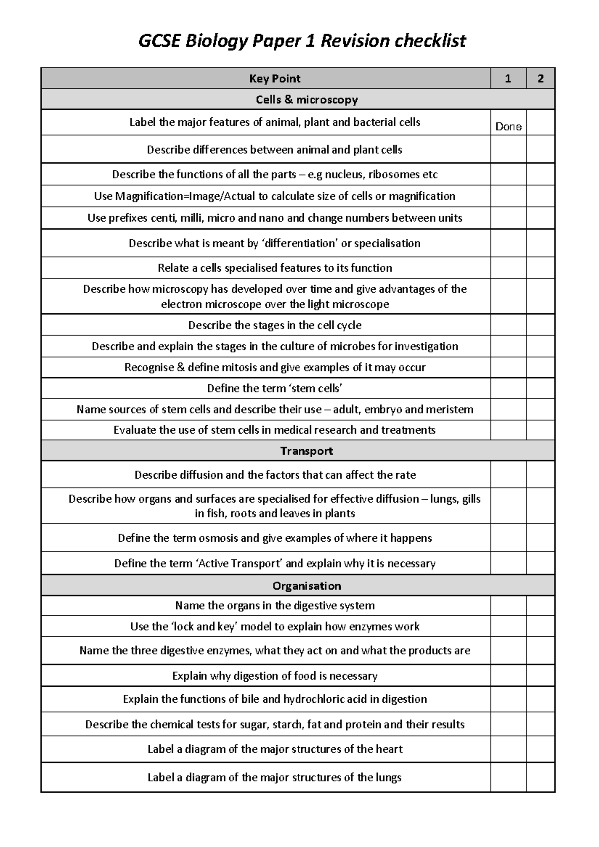 GCSE Biology Paper 1 Revision Checklist: Key Concepts & Topics - Studocu