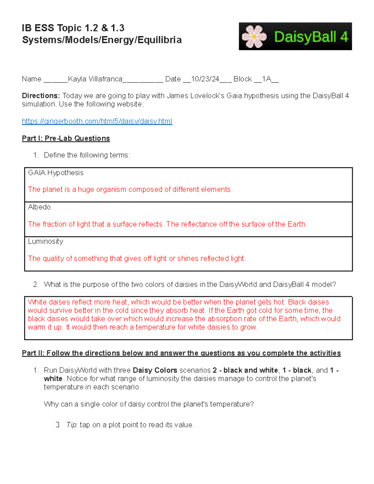 Daisy Ball 4 Simulation Questions - IB ESS Topics 1.2 & 1.3 - Studocu