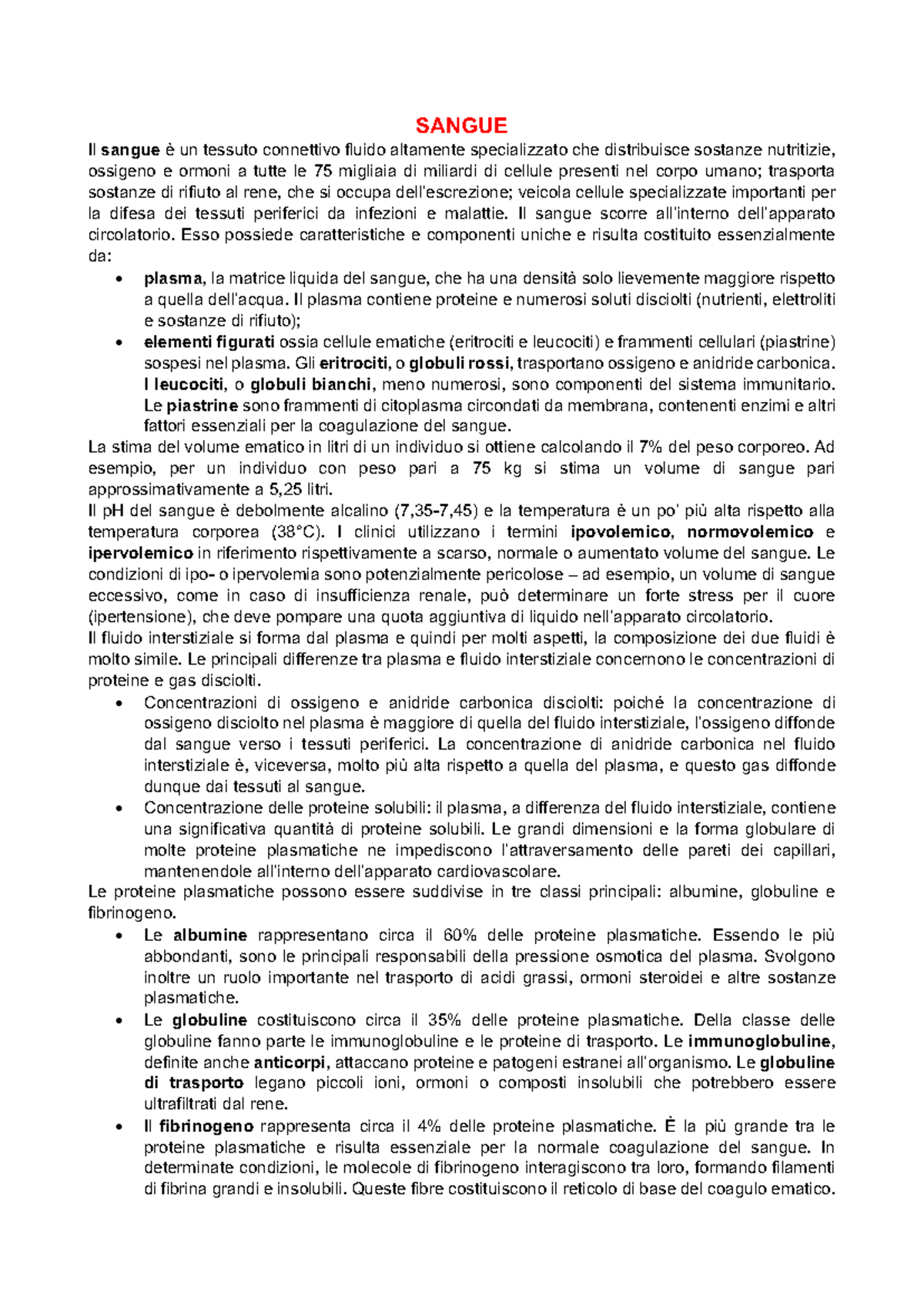 SANGUE: Struttura, Funzioni e Formazione delle Cellule Ematiche - Studocu