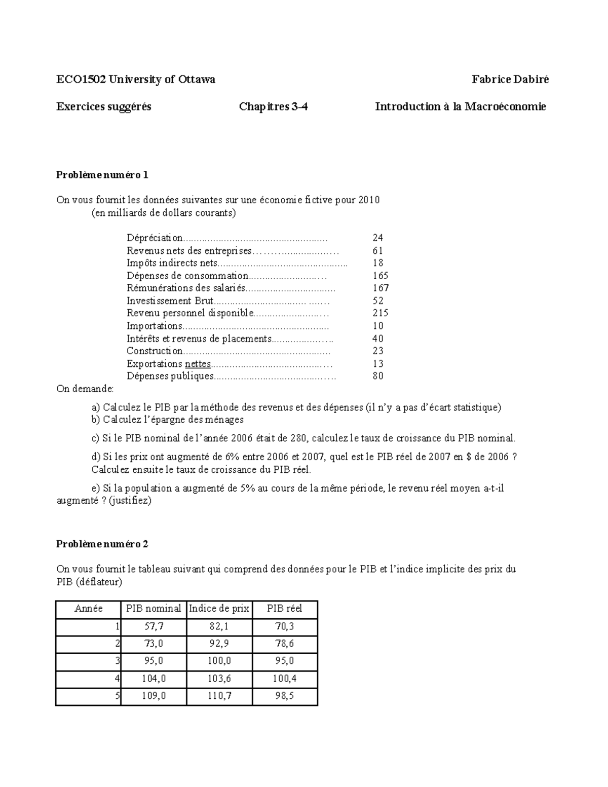 ECO 1502 Exercices sur Macroéconomie - Chap 3 et 4 - Studocu