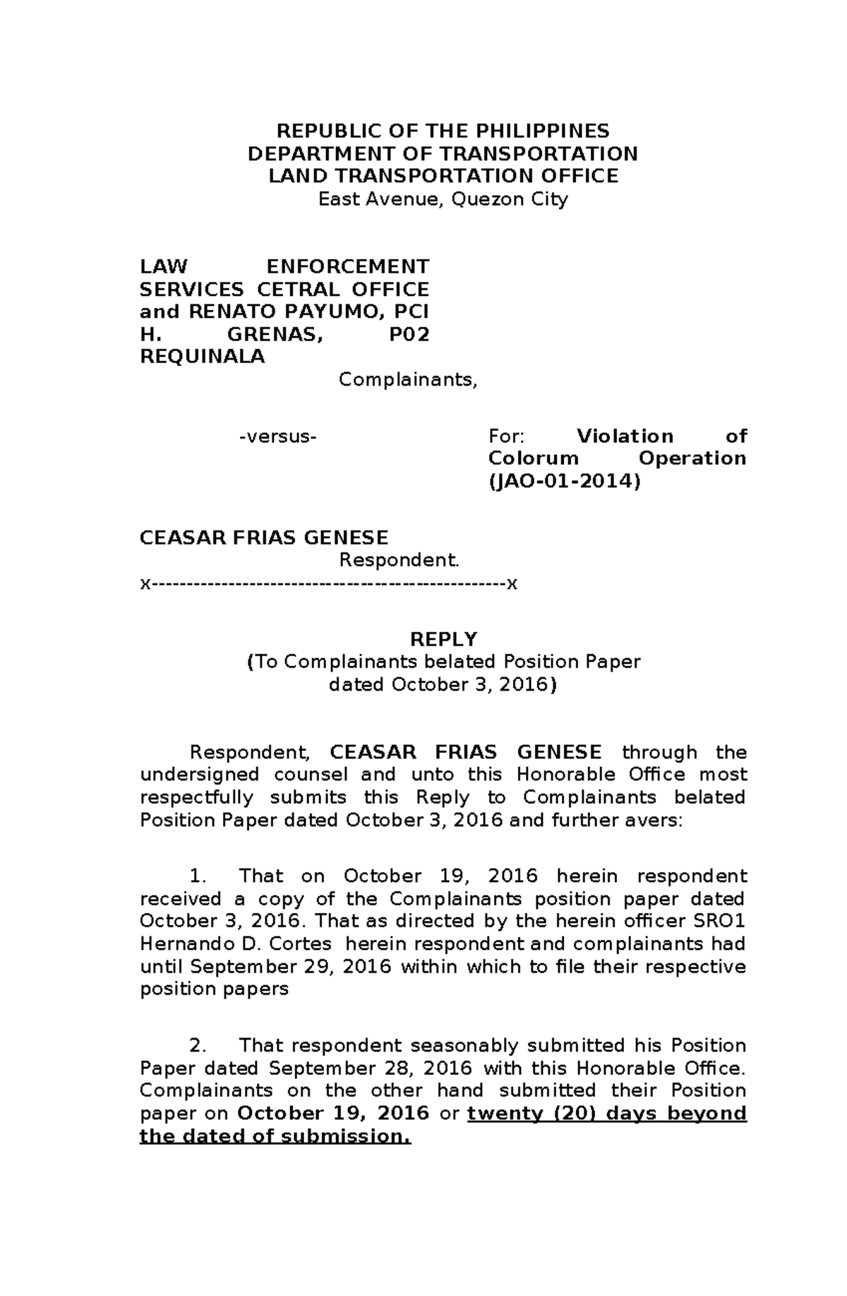 Reply to Position Paper: Violation of Colorum Operation (JAO-01-2014 ...