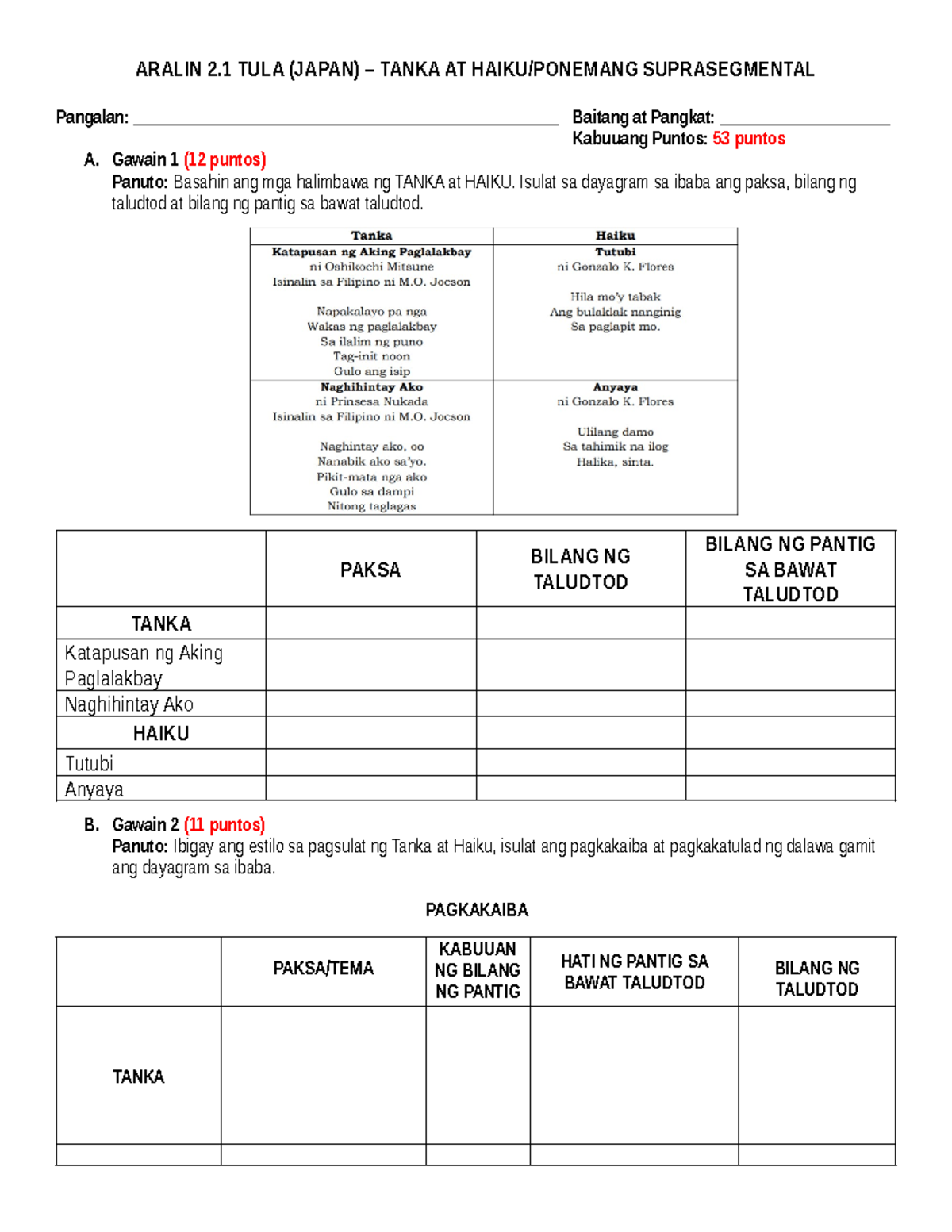 Worksheet on Tanka and Haiku – A1 – Q2 Activities and Exercises - Studocu