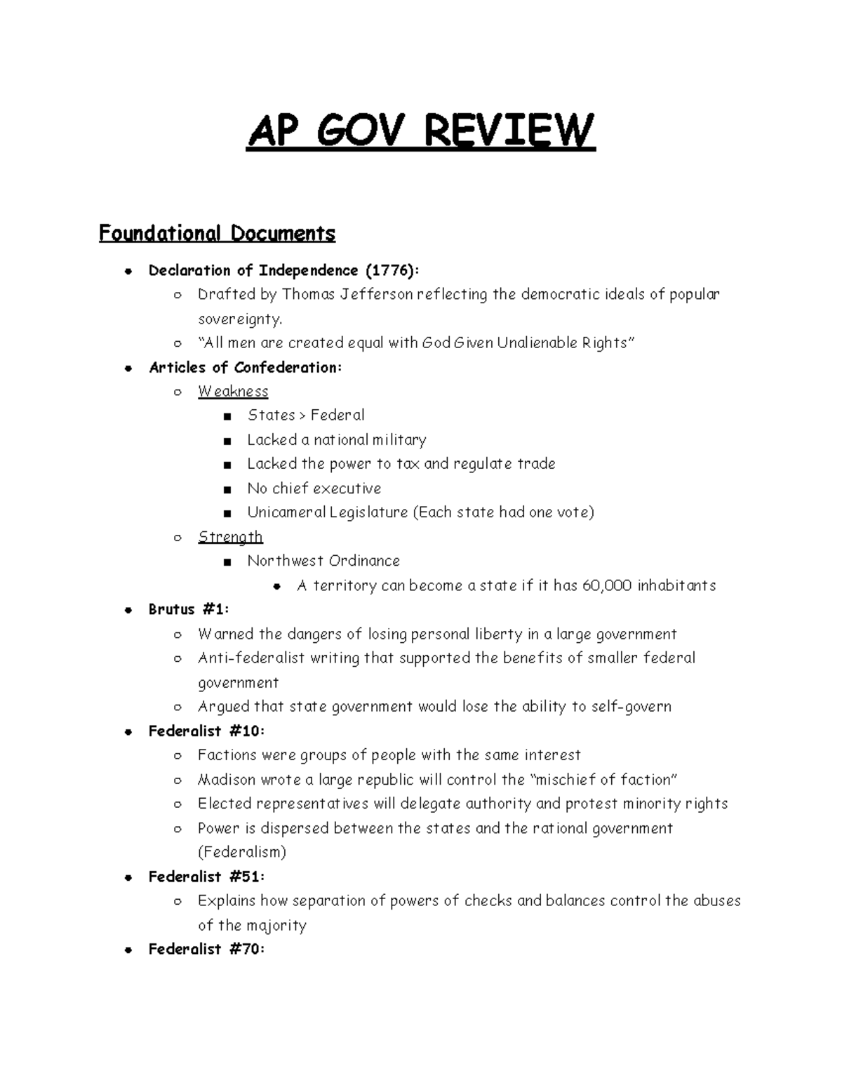 AP GOV REVIEW: Foundational Documents and Key Supreme Court Cases - Studocu