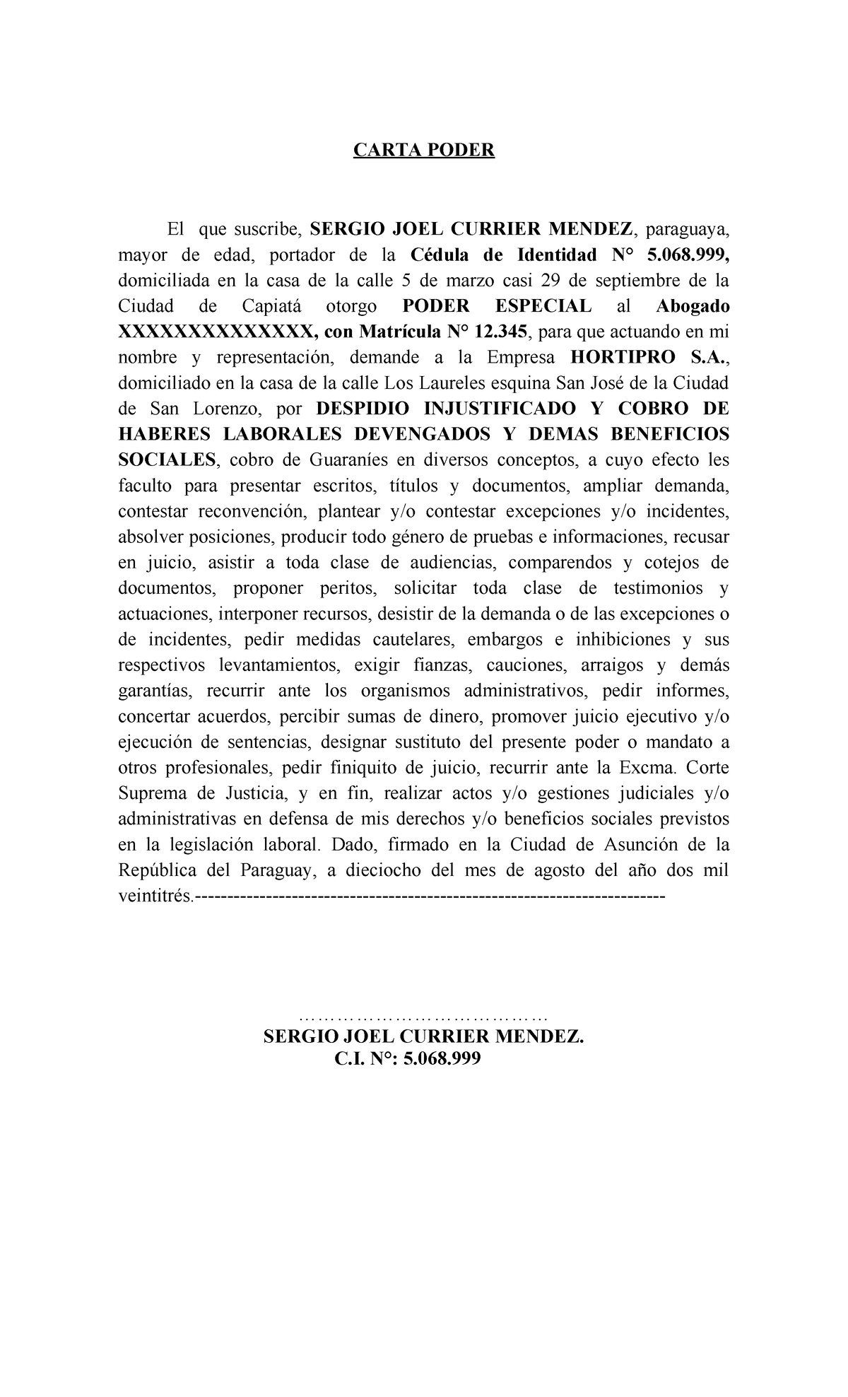 Carta Poder Especial - SERGIO JOEL CURRIER MENDEZ 2023 - Studocu