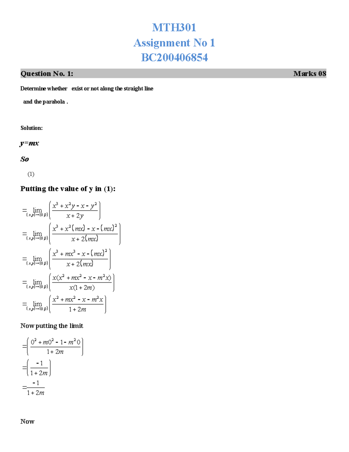 MTH301 Assignment No 1 - MTH Assignment No 1 BC Question No. 1: Marks ...