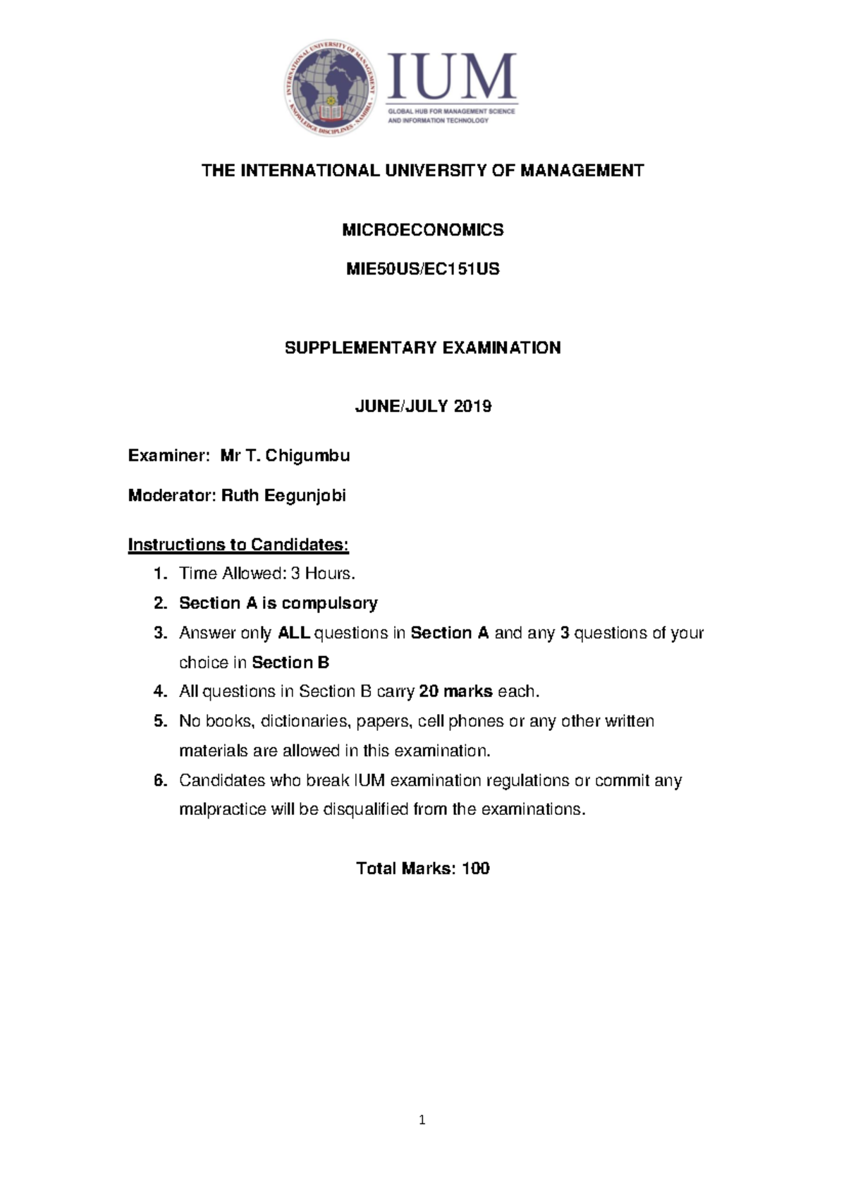 MIE50US Microeconomics Supplementary Exam Guidelines 2019 - Studocu