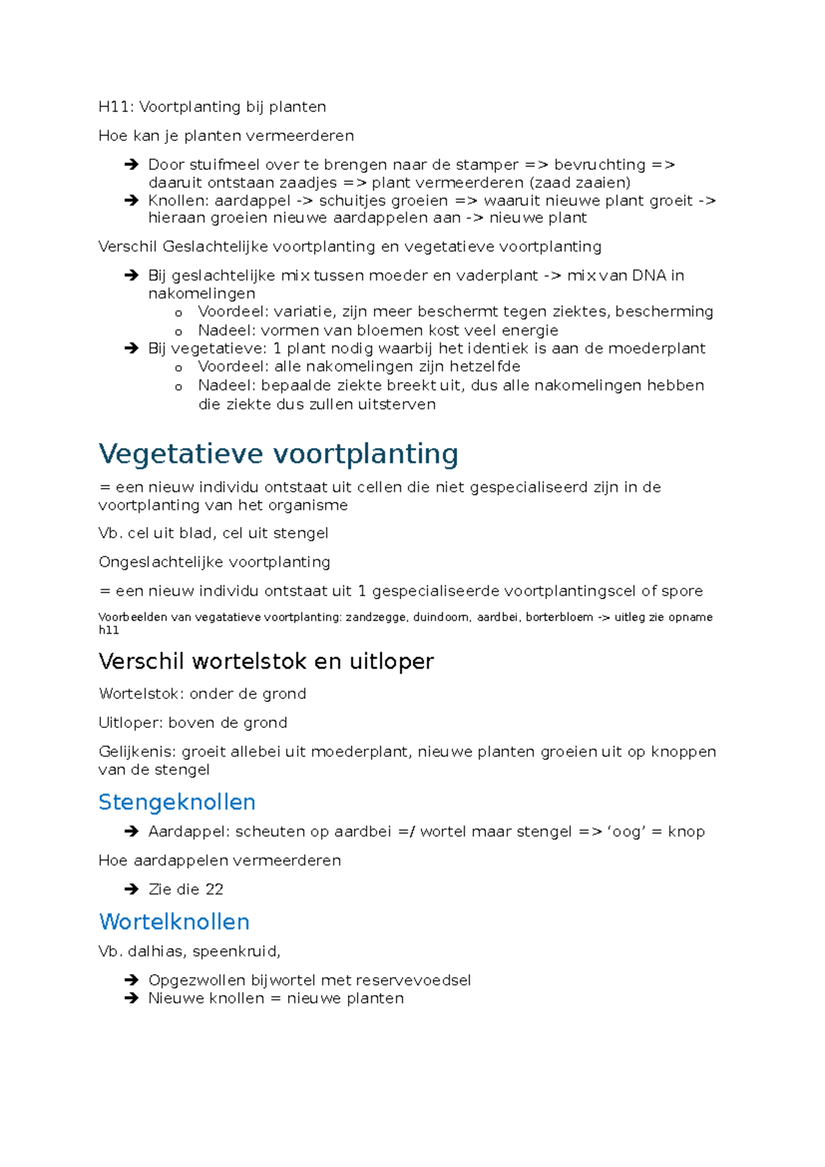 H11: Voortplanting bij Planten - Geslachtelijk en Vegetatief - Studocu
