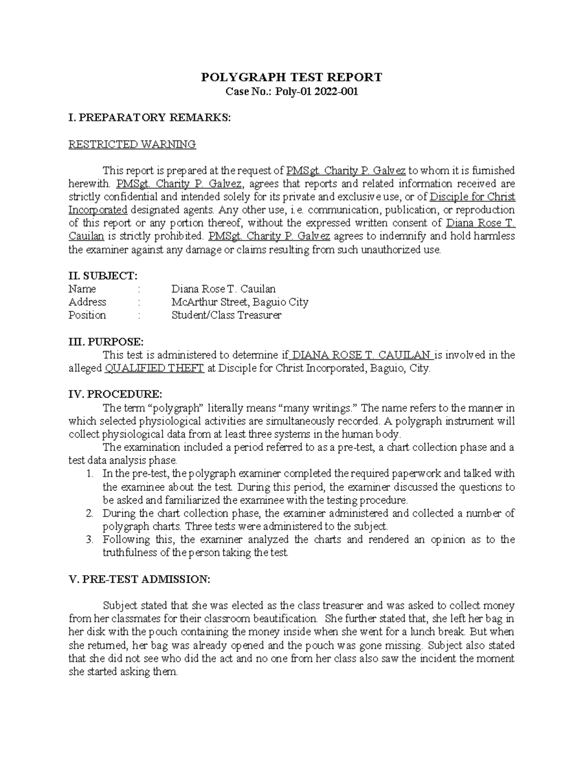 Poly-01 2022: Polygraph Test Report for Qualified Theft Investigation ...