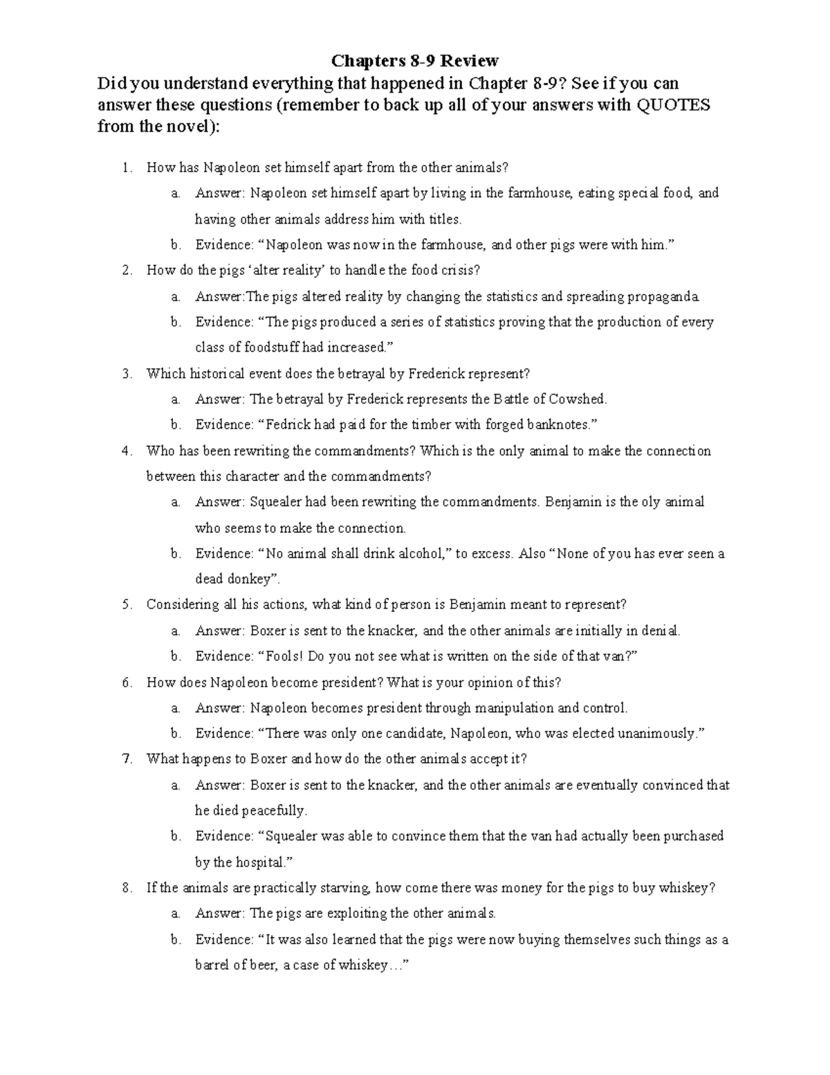 Chapters Review: Animal Farm (Ch. 6-7) Questions & Analysis - Studocu