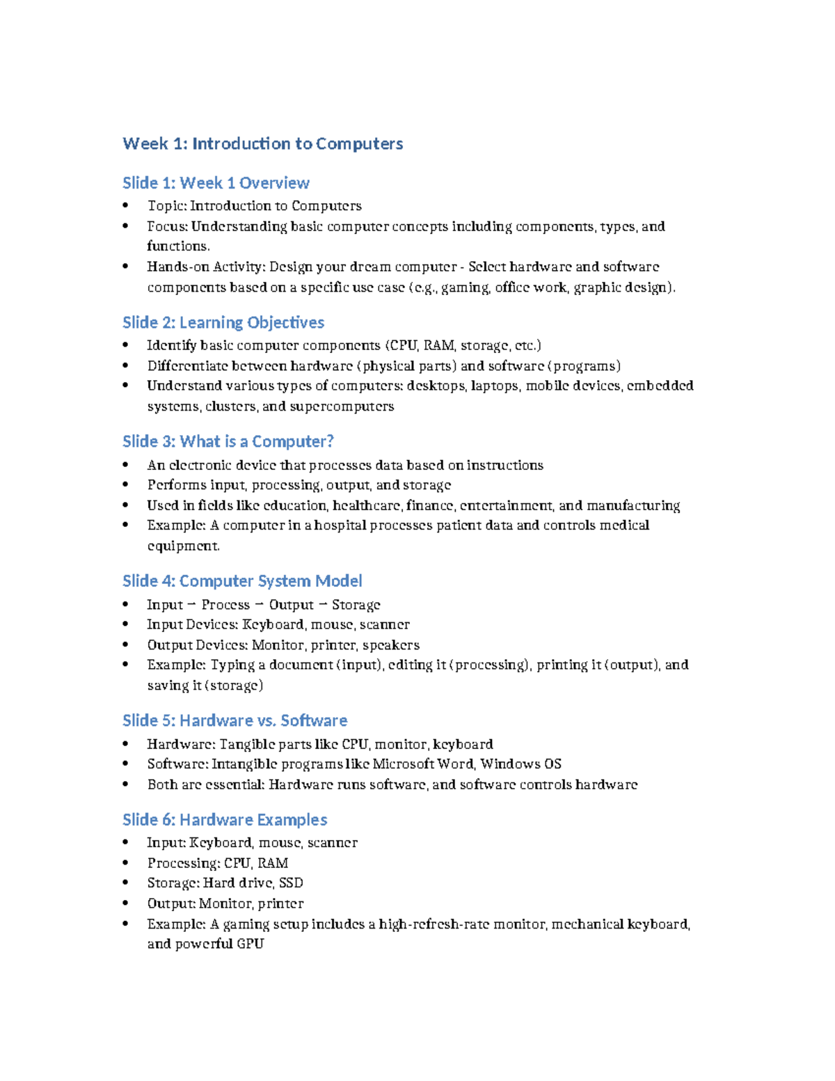 Enhanced Week 1: Intro to Computers Overview and Key Concepts - Studocu
