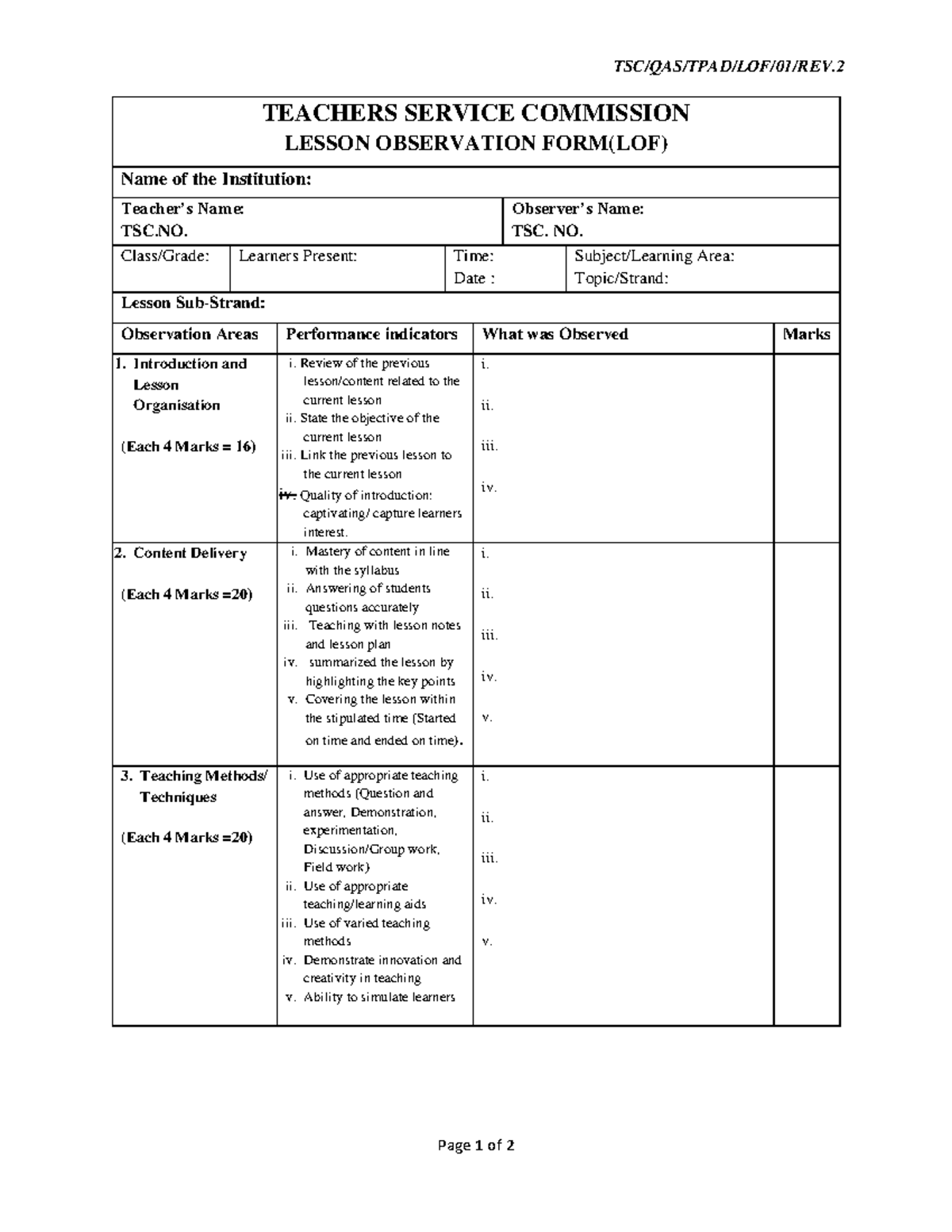 TPAD Lesson Observation Form (LOF) for Effective Teaching Evaluation ...