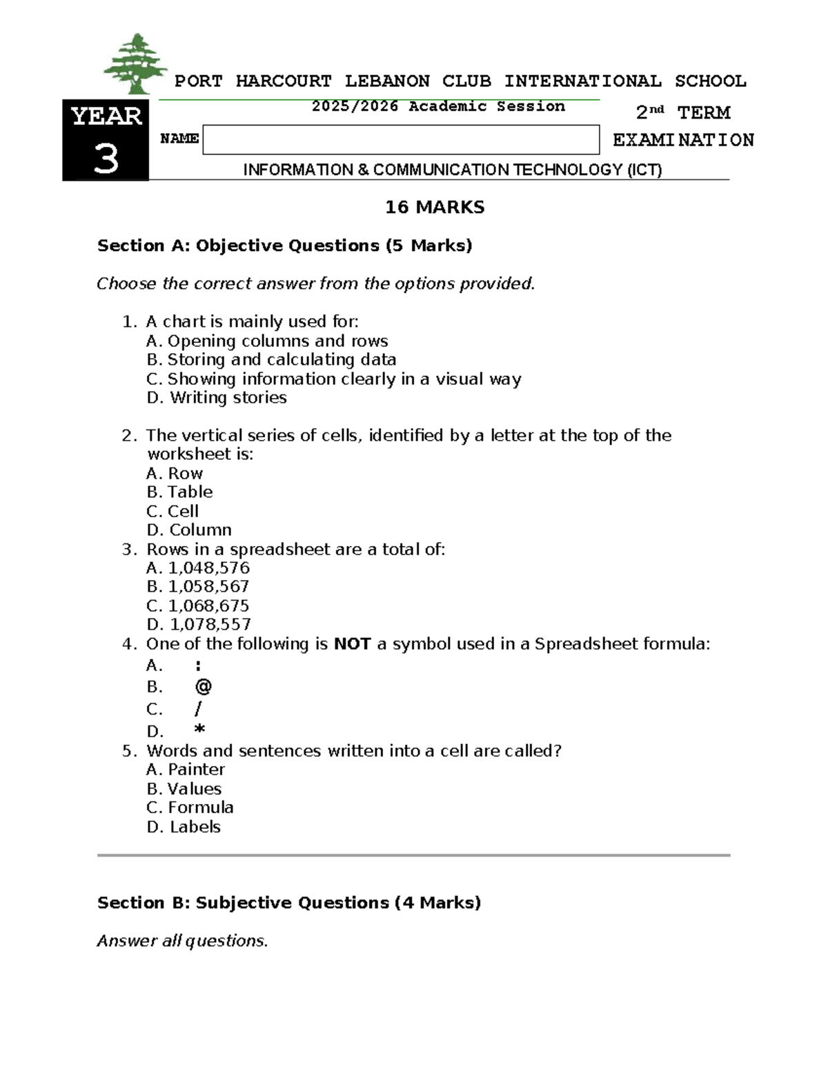 Year 3 ICT 2nd Term Exam Question Paper - Port Harcourt Lebanon Club ...