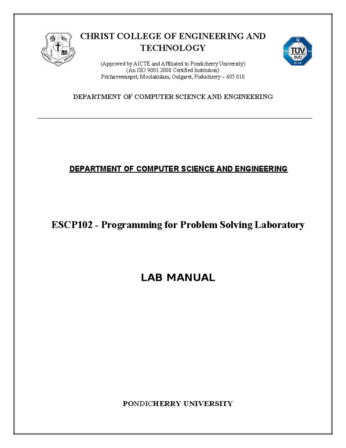 ESCP102 - Programming for Problem Solving Lab Manual Final Exam - Studocu