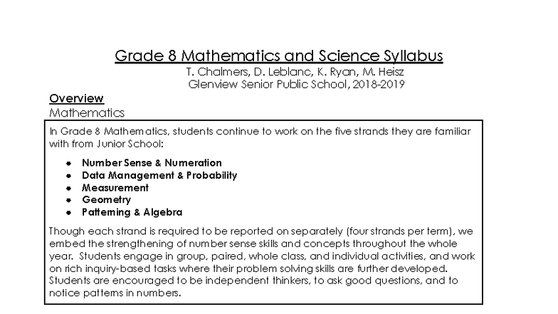 Grade 8 Math & Science Syllabus Overview: T. Chalmers et al. - Studocu