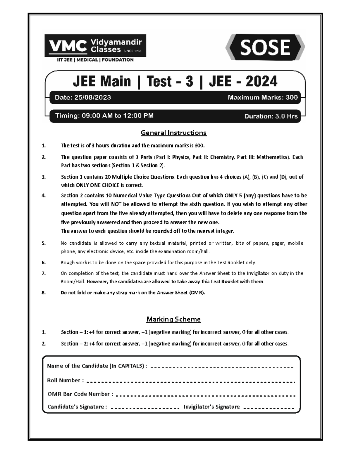 VMC - SOSE JEE 2024 - Main Test 3 Paper - Detailed Instructions ...