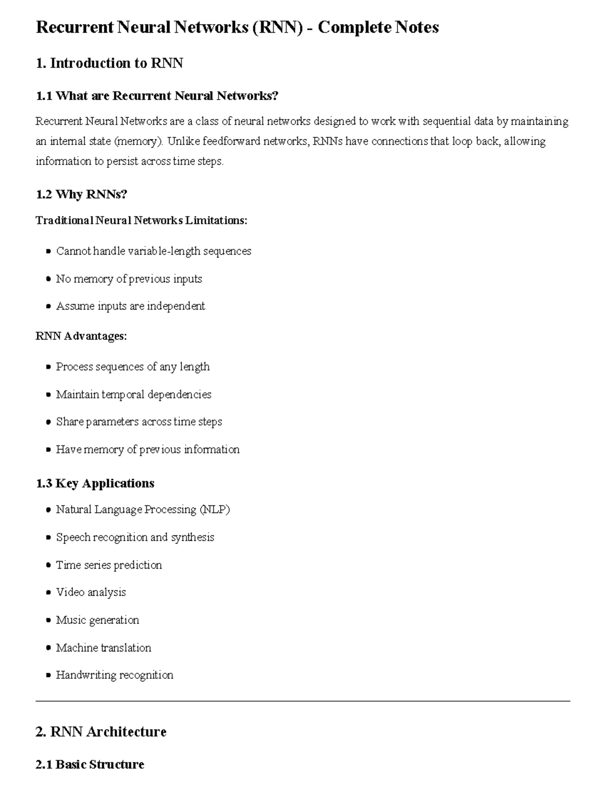RNN 101: Comprehensive Notes on Recurrent Neural Networks - Studocu