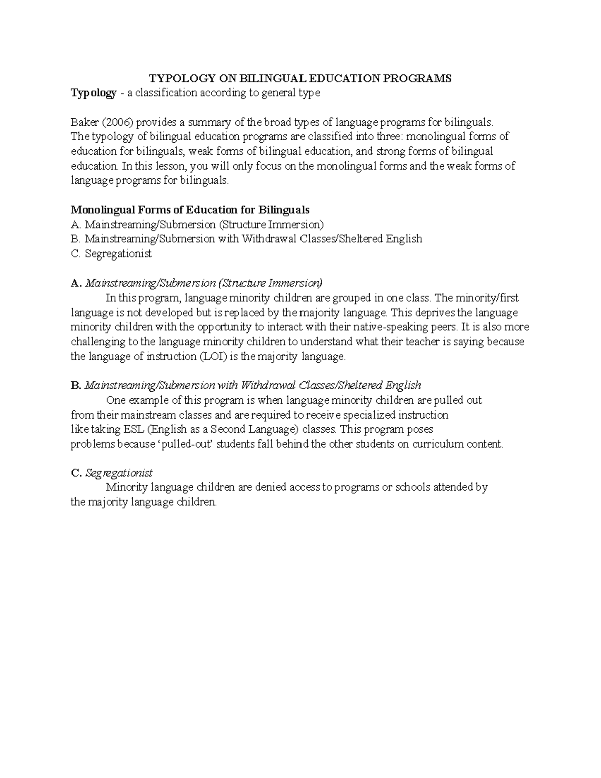 Typology of Bilingual Education Programs: A Detailed Overview - Studocu