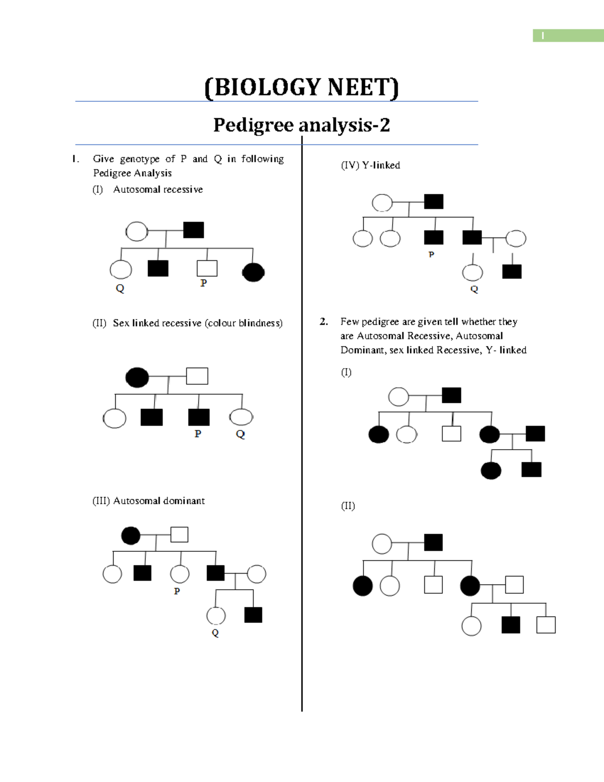 Pedigree analysis-2 - Practice qs - Biology class 12 - (BIOLOGY NEET ...